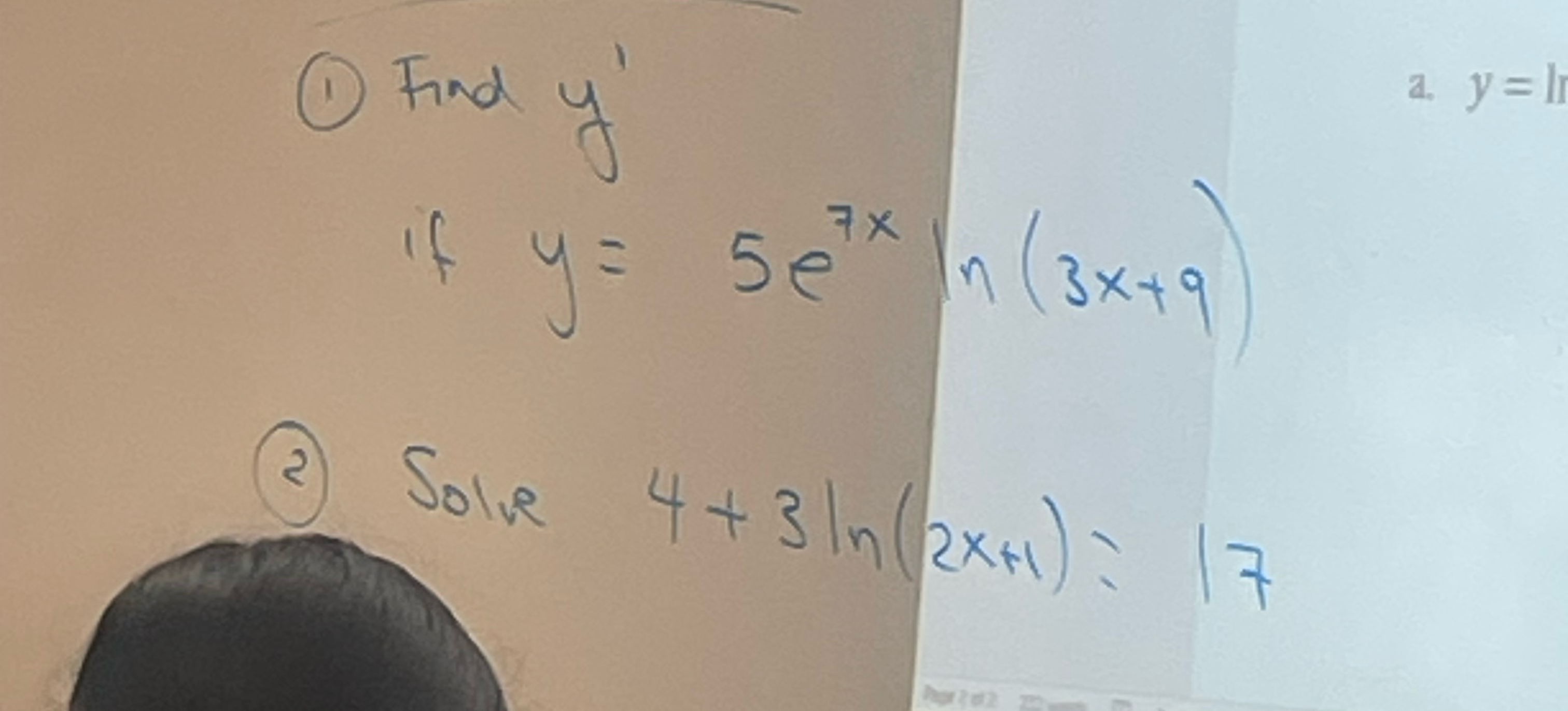 Solved 1. ﻿Find y' ﻿if y=5e^(7x) ﻿Ln(3x+9)2.solve: 4+3 | Chegg.com