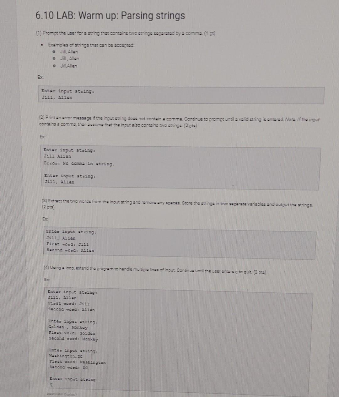 Solved 6 10 Lab Warm Up Parsing Strings 1 Prompt The