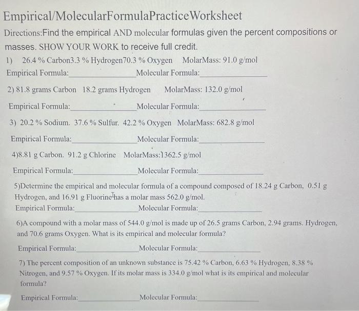 Solved Empirical/MolecularFormulaPractice Worksheet | Chegg.com