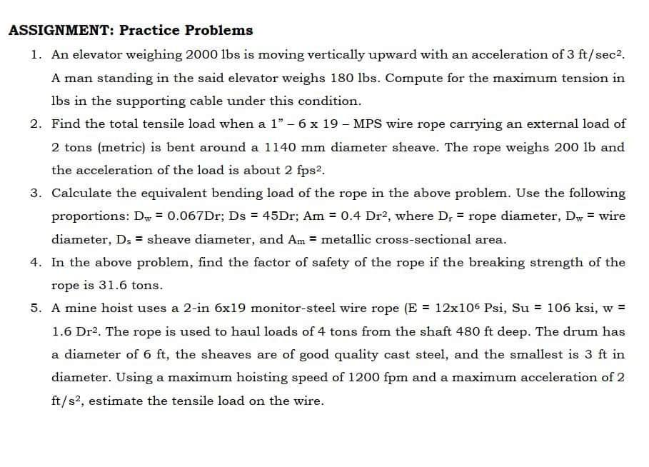 Solved SSIGNMENT: Practice Problems 1. An elevator weighing | Chegg.com