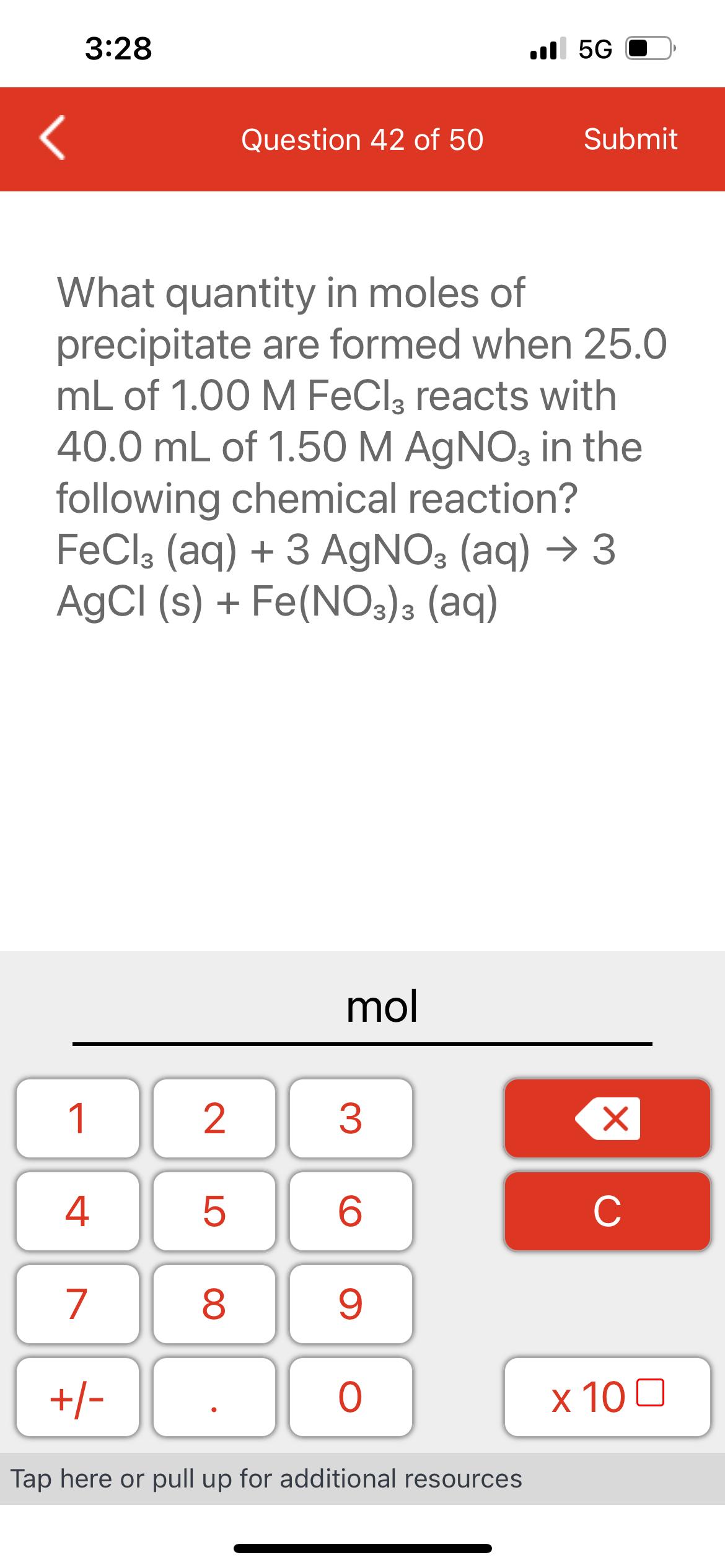 Solved 3:285GQuestion 42 ﻿of 50SubmitWhat quantity in moles | Chegg.com