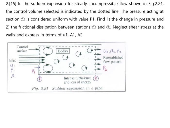 Solved 2.[15] In the sudden expansion for steady, | Chegg.com