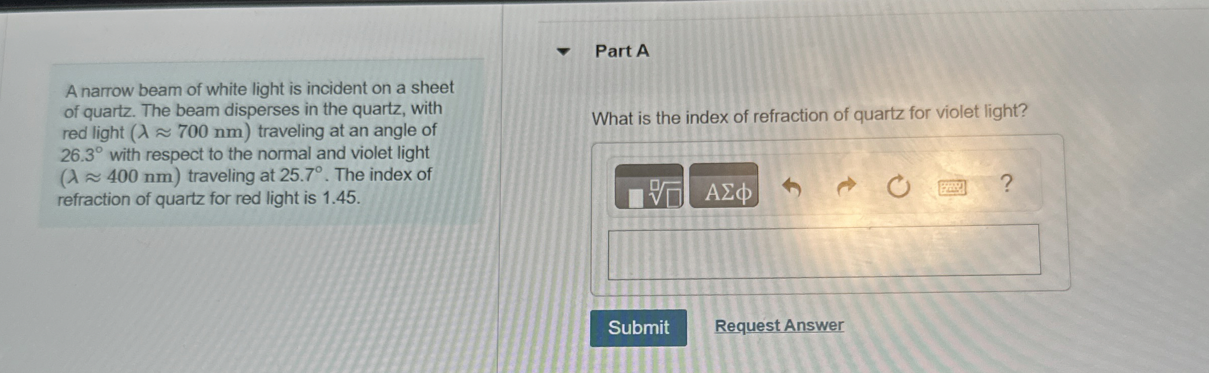 Solved Part AA narrow beam of white light is incident on a | Chegg.com