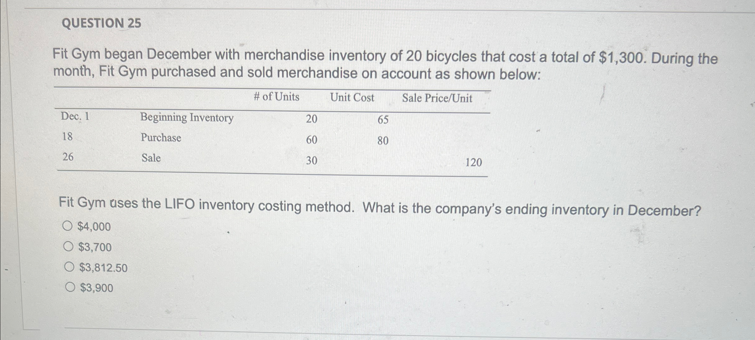 Solved QUESTION 25Fit Gym began December with merchandise | Chegg.com
