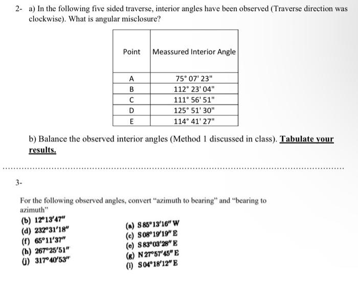 Solved 2- a) In the following five sided traverse, interior | Chegg.com