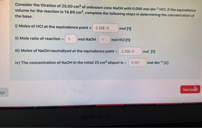 Solved Consider the titration of 25.00 cm3 of unknown conc | Chegg.com