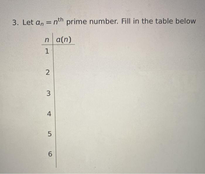 Solved 3. Let an=nth prime number. Fill in the table below | Chegg.com