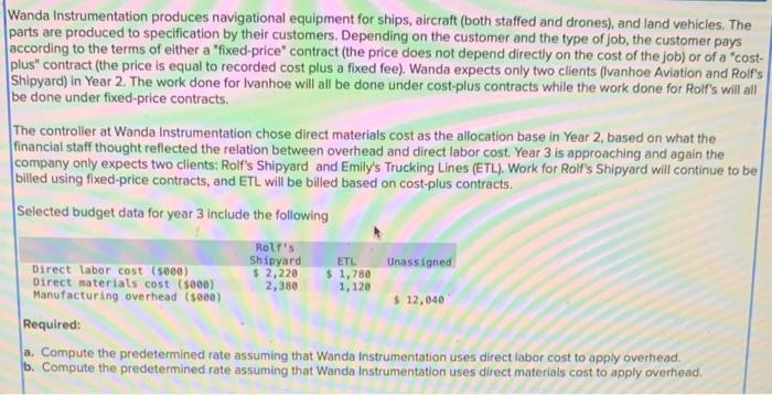 Solved Wanda Instrumentation produces navigational equipment | Chegg.com