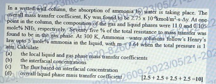 In a wetted-wall column, the absorption of ammonia by | Chegg.com