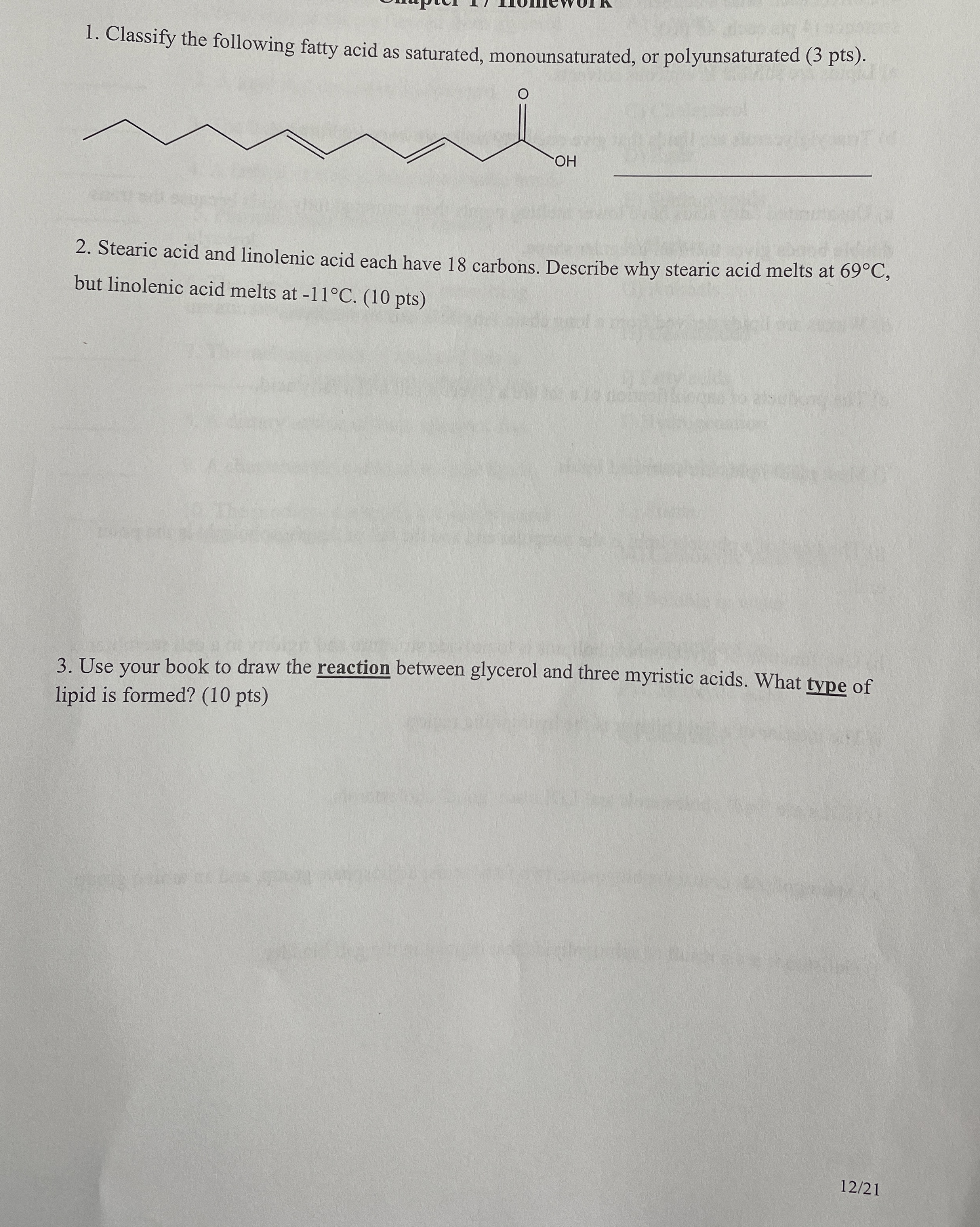 Solved Classify the following fatty acid as saturated, | Chegg.com