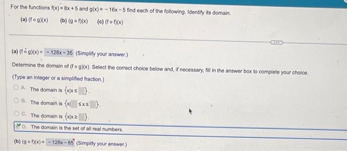 Solved For the functions f(x)=8x+5 and g(x)=−16x−5 find each | Chegg.com