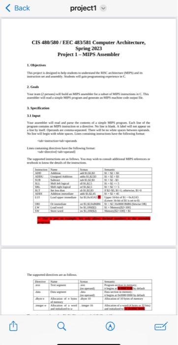 Spring 2023 Project 1 - MIPS Assembler 1. ahyjectives | Chegg.com
