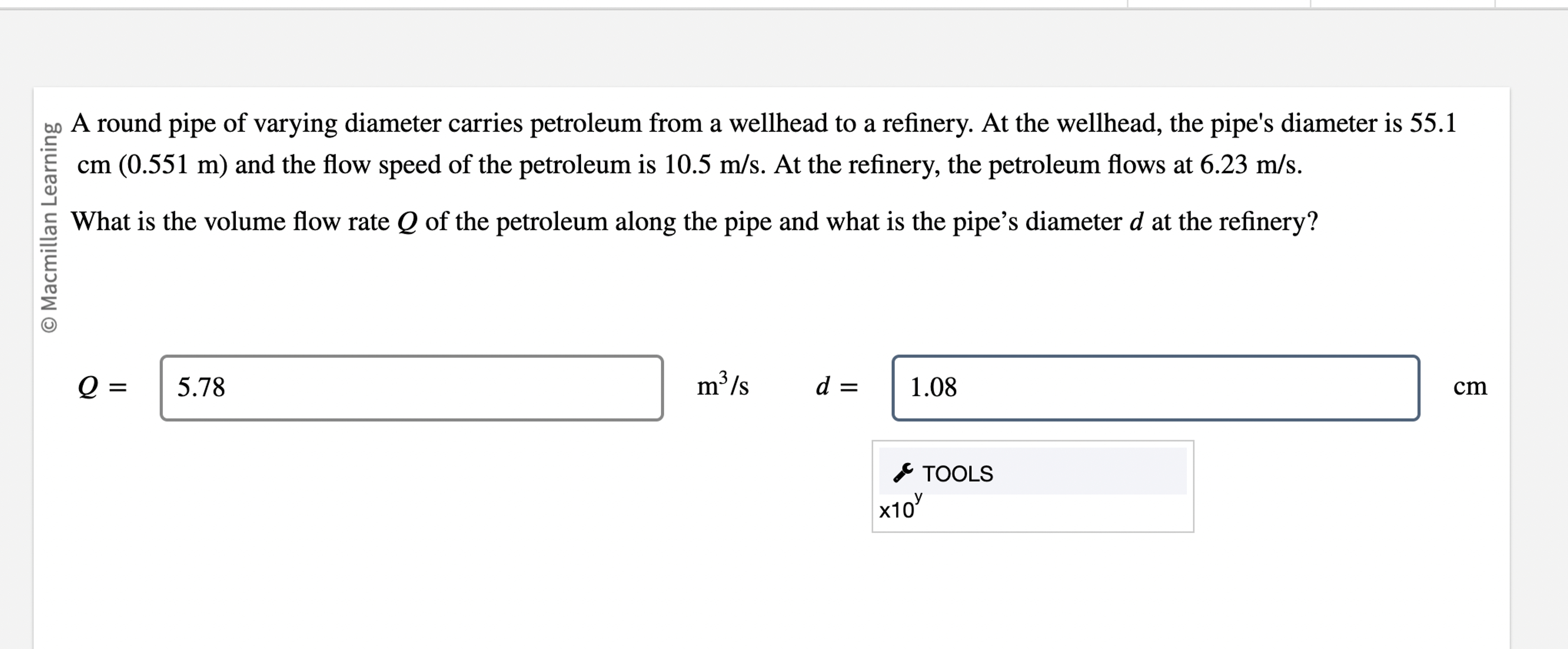 Solved A round pipe of varying diameter carries petroleum | Chegg.com