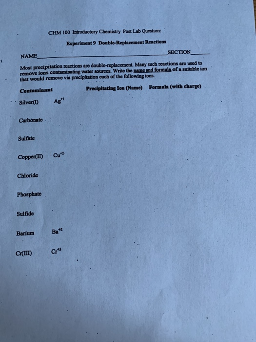 Solved CHM 100 Introductory Chemistry Post Lab Question: | Chegg.com