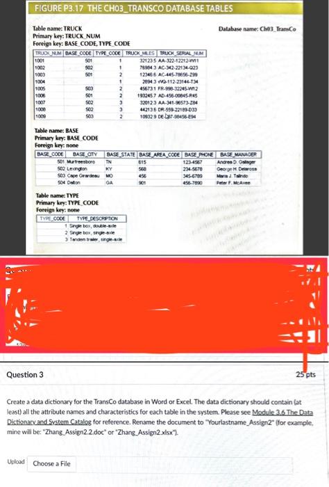 Table name: TRUCK Dalabase name CMe3 FramCo Primary | Chegg.com