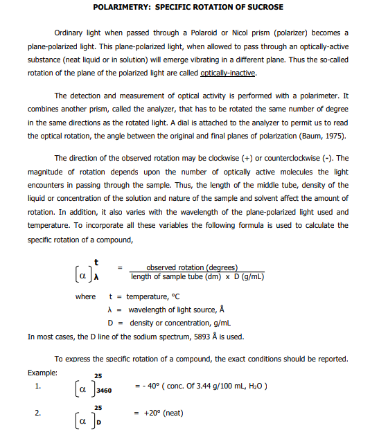 Solved POLARIMETRY: SPECIFIC ROTATION OF SUCROSE Ordinary | Chegg.com