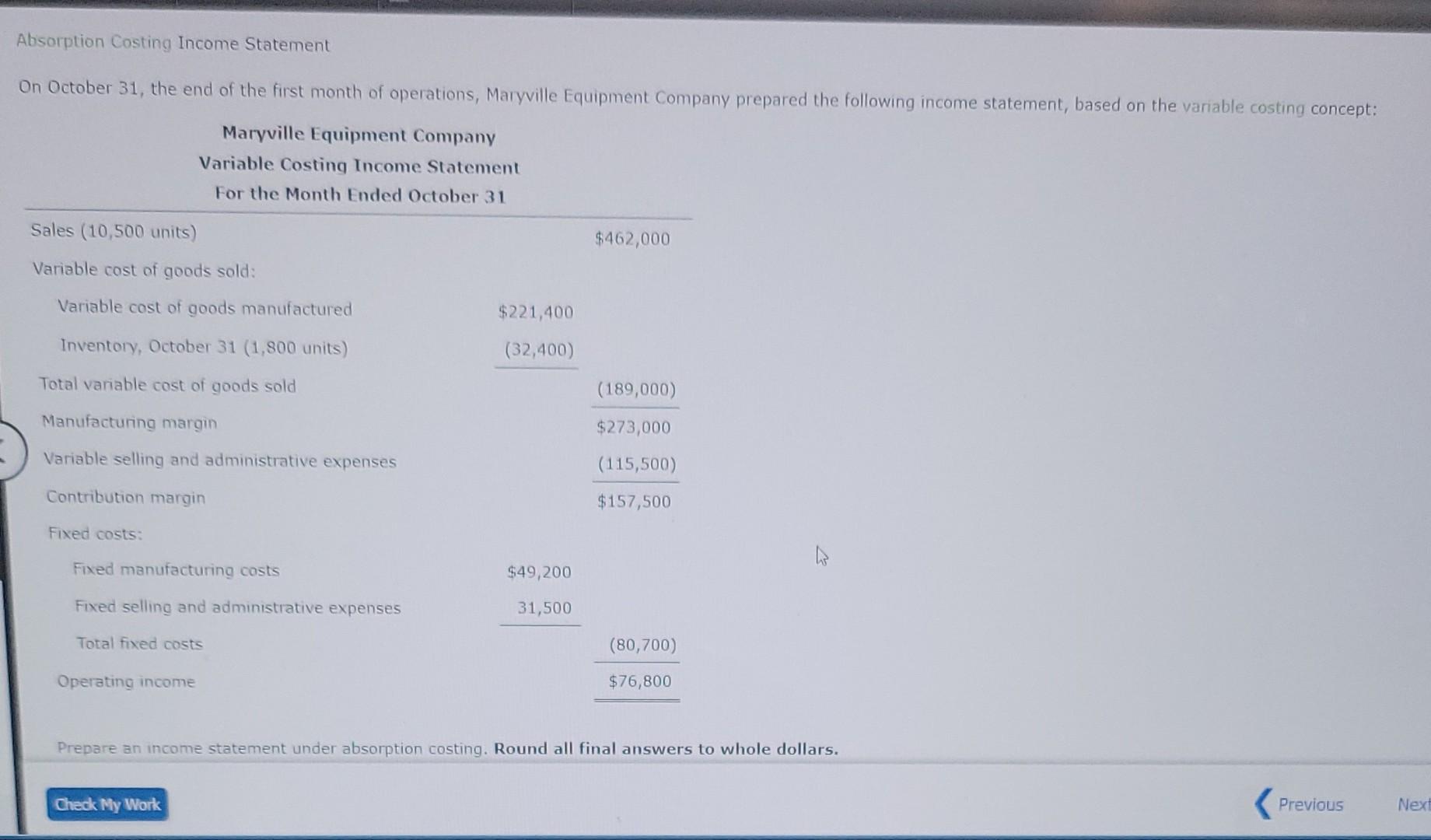 Solved Absorption Costing Income Statement On October 31, | Chegg.com