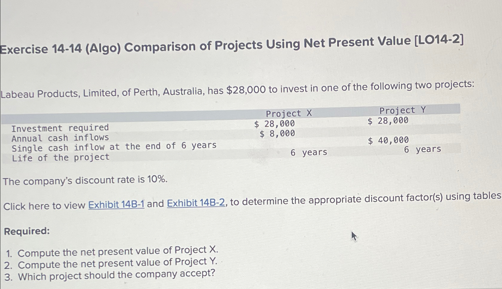 Solved Exercise 14-14 (Algo) ﻿Comparison of Projects Using | Chegg.com