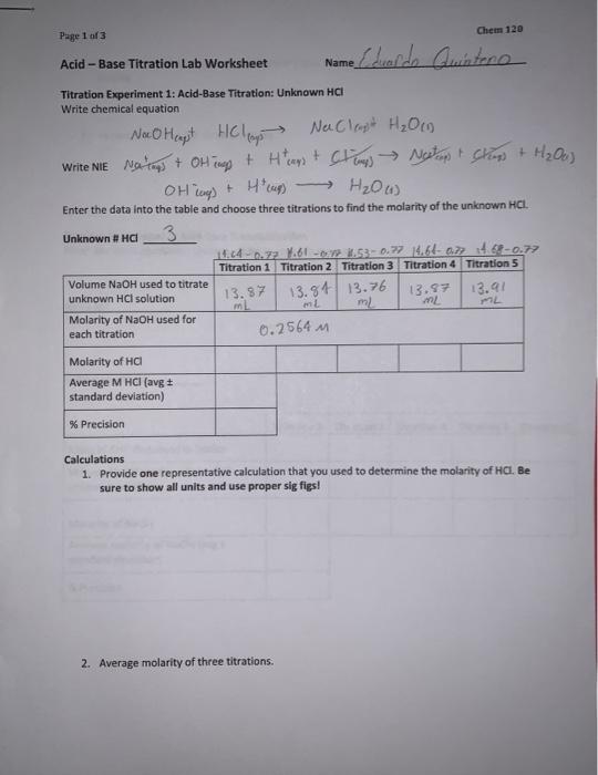Solved I need help finding the molarity of HCl, please show | Chegg.com