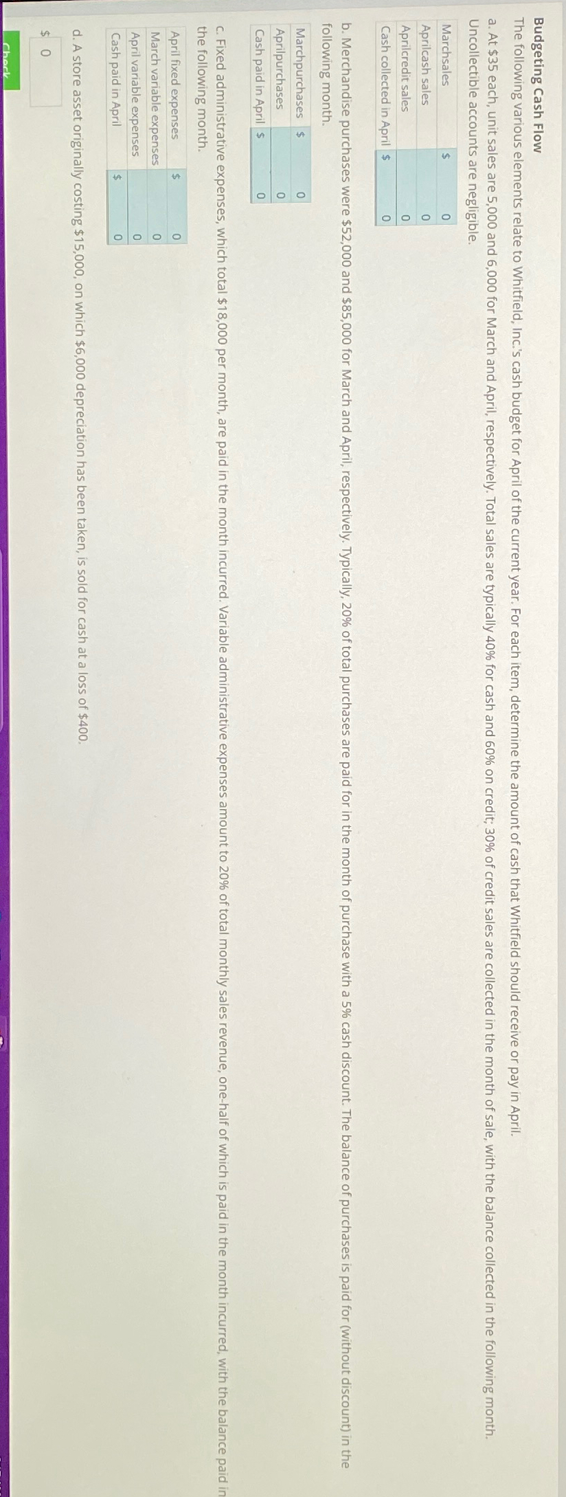 Solved Budgeting Cash FlowThe following various elements | Chegg.com