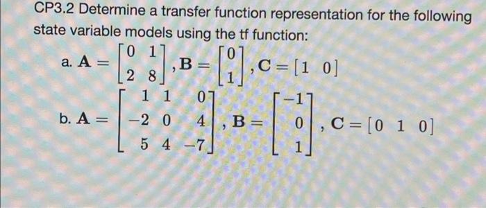 Solved CP3.2 Determine a transfer function representation | Chegg.com