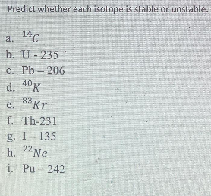 Solved Predict whether each isotope is stable or unstable. | Chegg.com