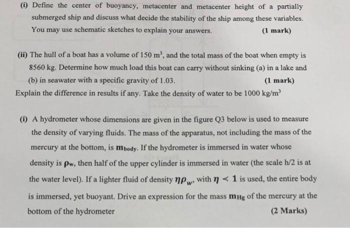 Solved (i) Define the center of buoyancy, metacenter and | Chegg.com
