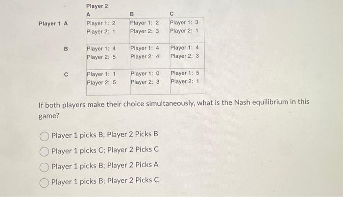 Solved Player 2 Player 1 A B C If both players make their | Chegg.com