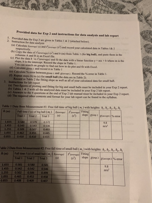 Solved Provided data for Exp 2 and instructions for data | Chegg.com