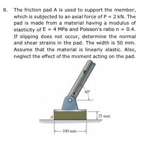 Solved 8. The friction pad A is used to support the member, | Chegg.com
