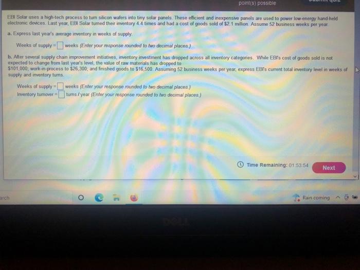 Solved point(s) possible EBI Solar uses a high-tech process | Chegg.com