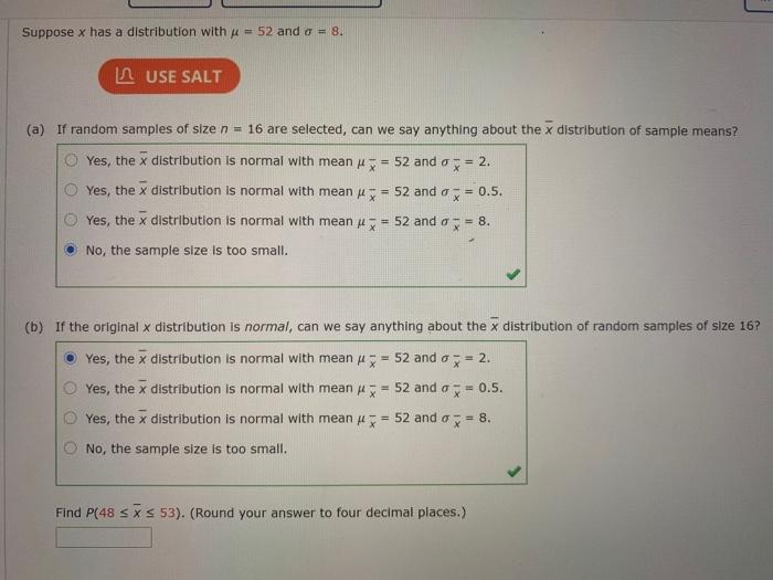 Solved Suppose x has a distribution with y = 52 and a = 8. I | Chegg.com