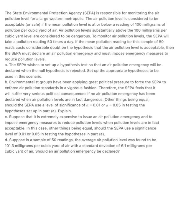 Solved The State Environmental Protection Agency (SEPA) is | Chegg.com