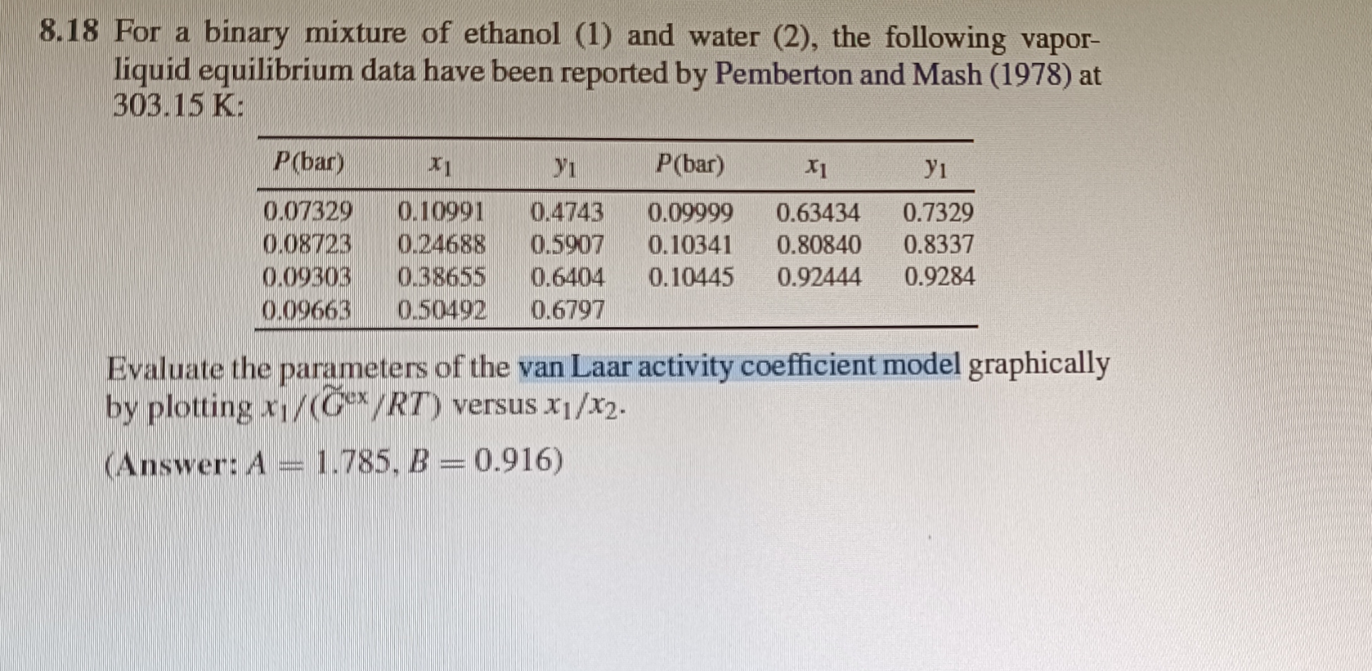 Solved 8.18 ﻿For a binary mixture of ethanol (1) ﻿and water | Chegg.com