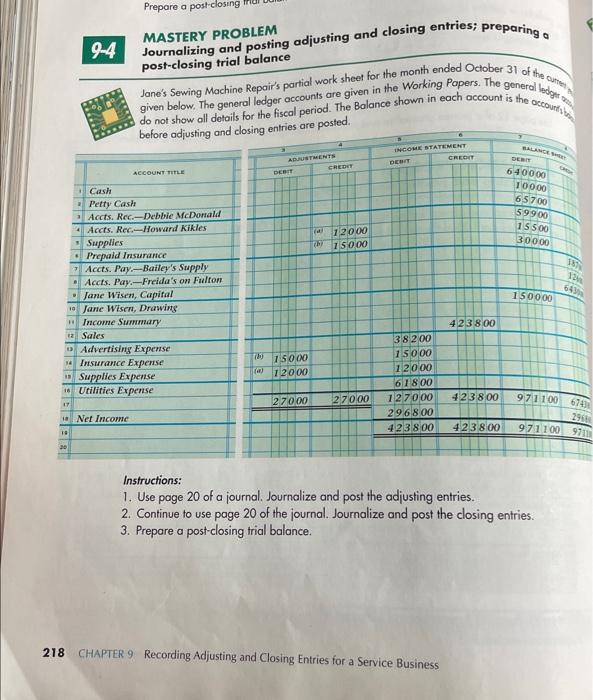 Solved 9-4 MASTERY PROBLEM Journalizing and posting | Chegg.com