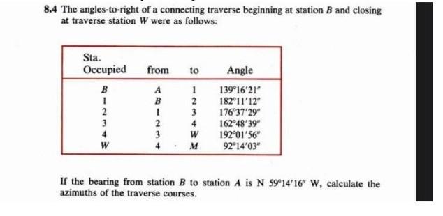 Solved 8.4 The angles-to-right of a connecting traverse | Chegg.com