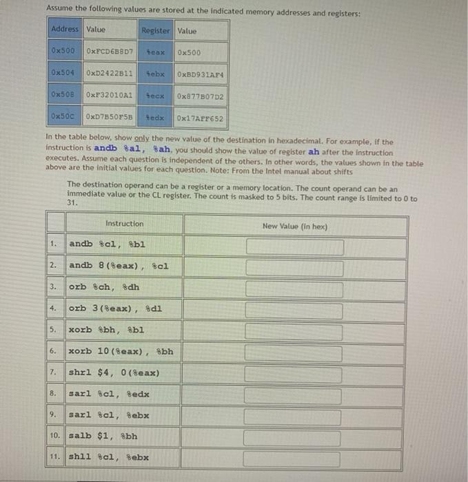 Assume the following values are stored at the | Chegg.com