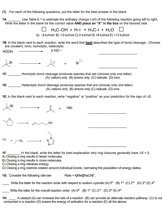 Solved (1) ﻿For each of the following questions, put the | Chegg.com