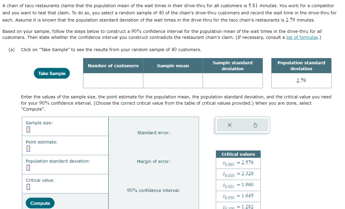 Solved A chain of taco restaurants claims that the | Chegg.com