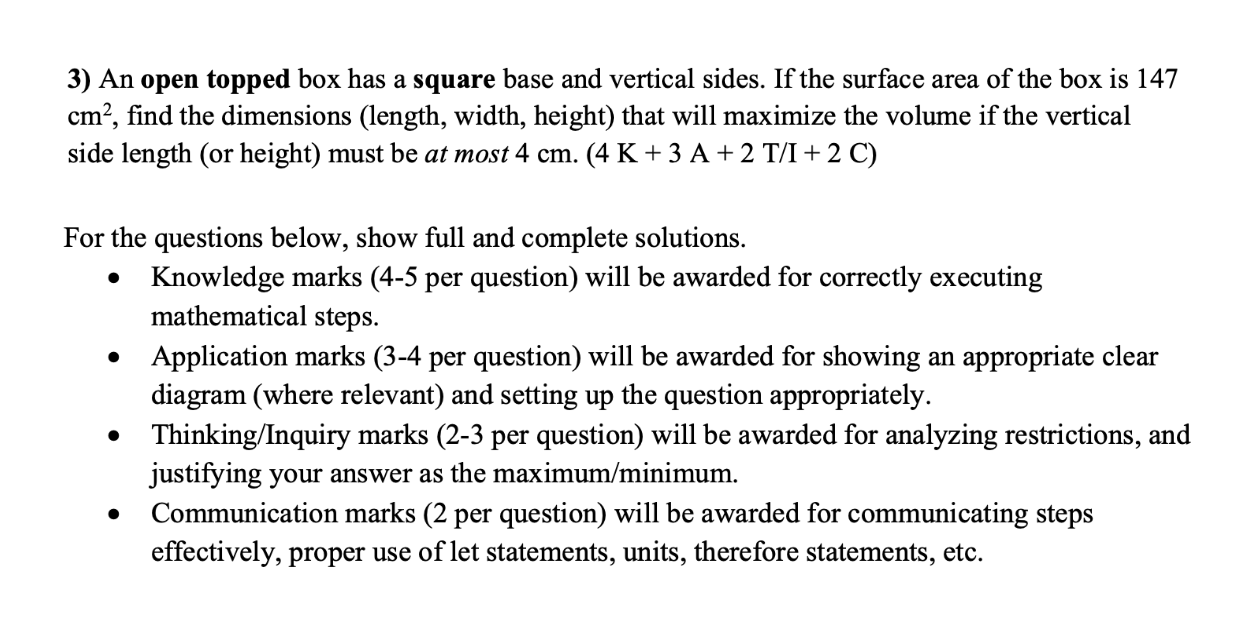 Solved An open topped box has a square base and vertical | Chegg.com