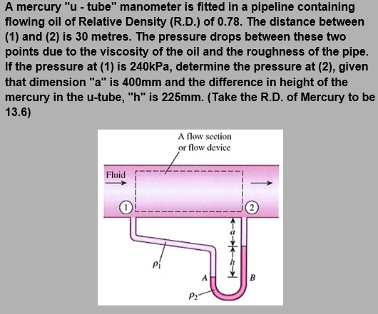 Solved A mercury "u - tube" manometer is fitted in a | Chegg.com