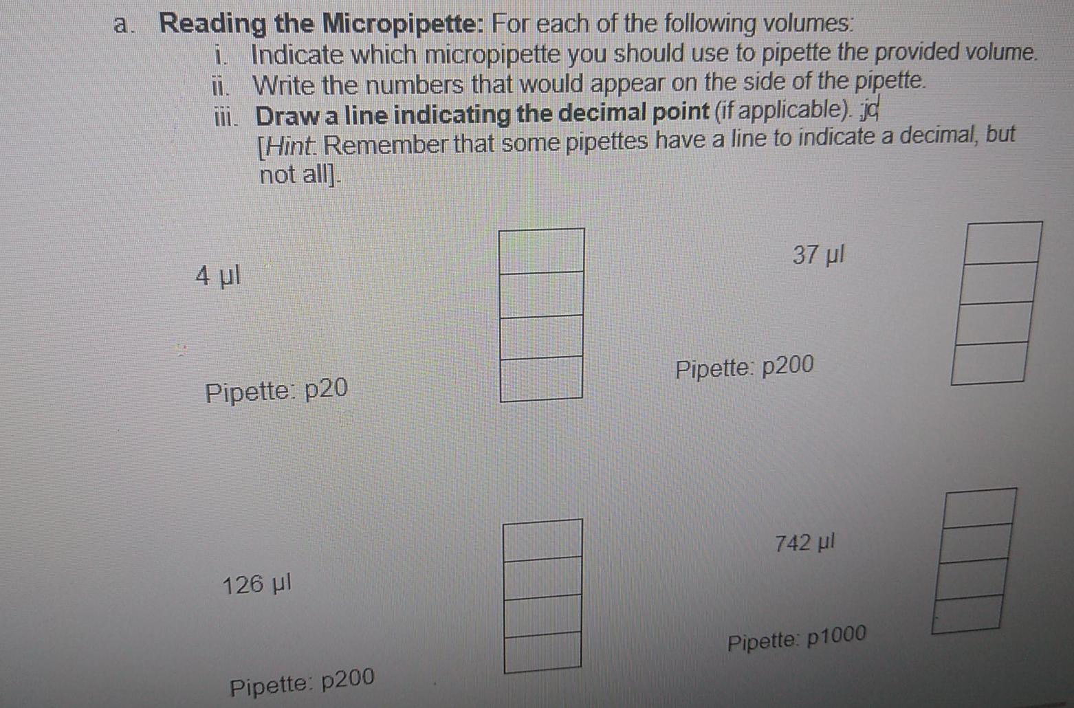 Solved a. Reading the Micropipette: For each of the | Chegg.com