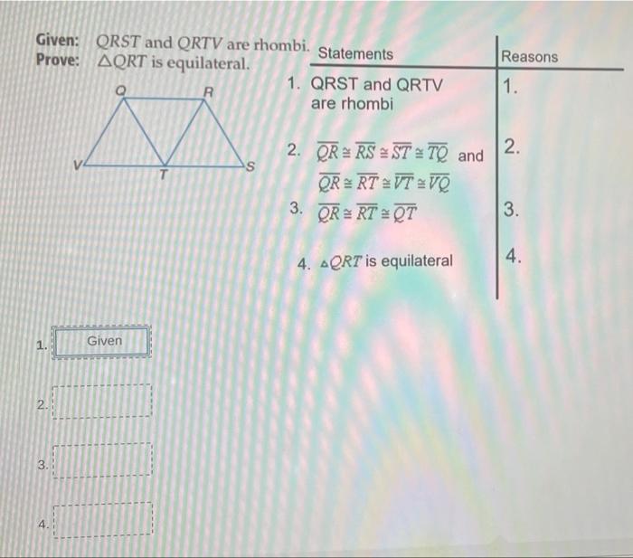 Solved Given: QRST and QRTV are rhombi. Statements Prove: | Chegg.com