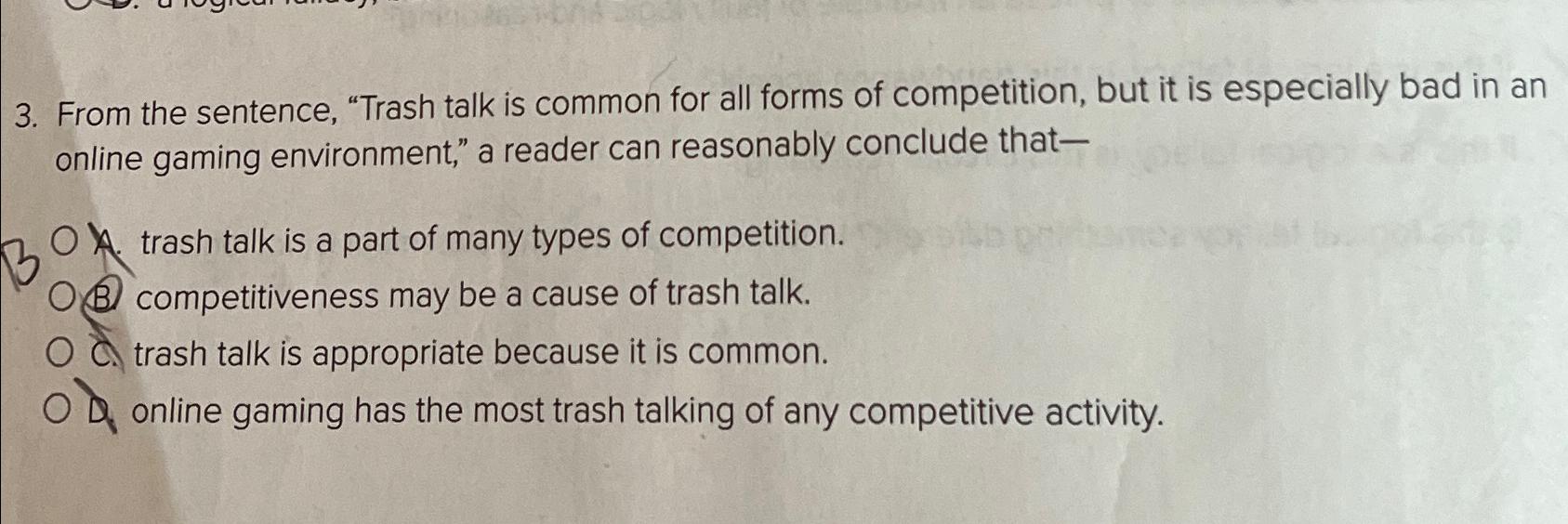 Solved From the sentence, "Trash talk is common for all | Chegg.com