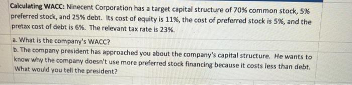 Solved Calculating WACC: Ninecent Corporation has a target | Chegg.com Solved Calculating WACC: Ninecent Corporation has a target | Chegg.com