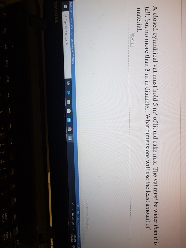 Solved A closed cylindrical vat must hold 5 m3 of liquid | Chegg.com