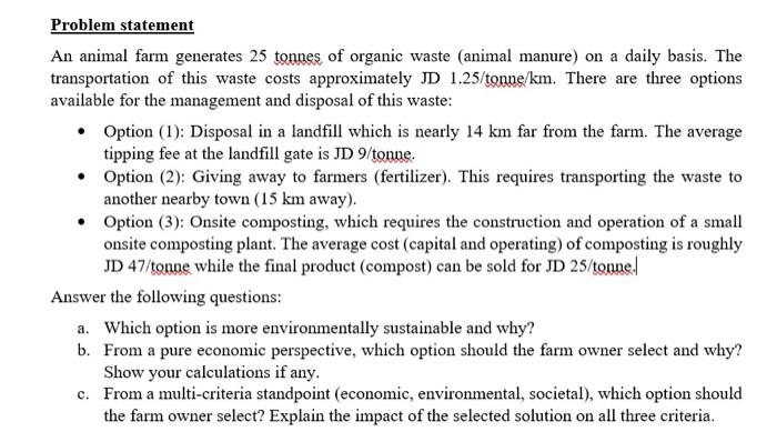 Solved Problem statement An animal farm generates 25 tonnes | Chegg.com