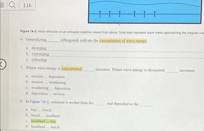 Solved 116 Figure 7A-2. Wave refraction on an embayed | Chegg.com