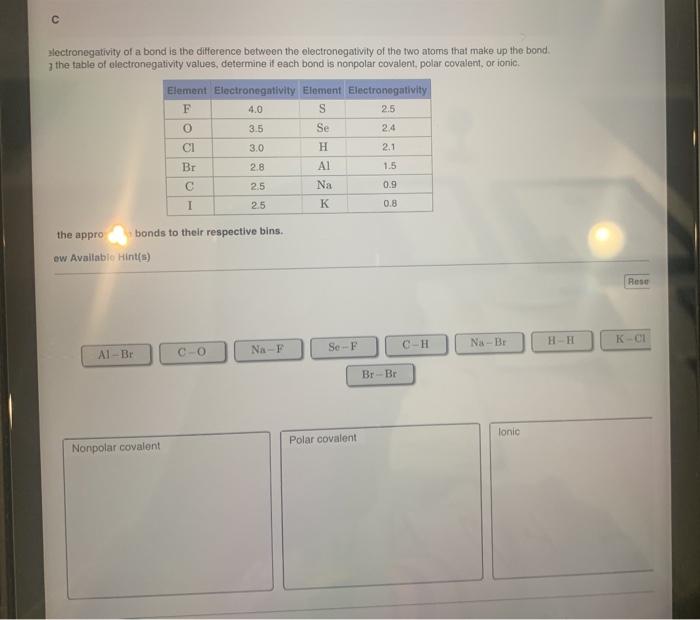 Solved С electronegativity of a bond is the difference | Chegg.com