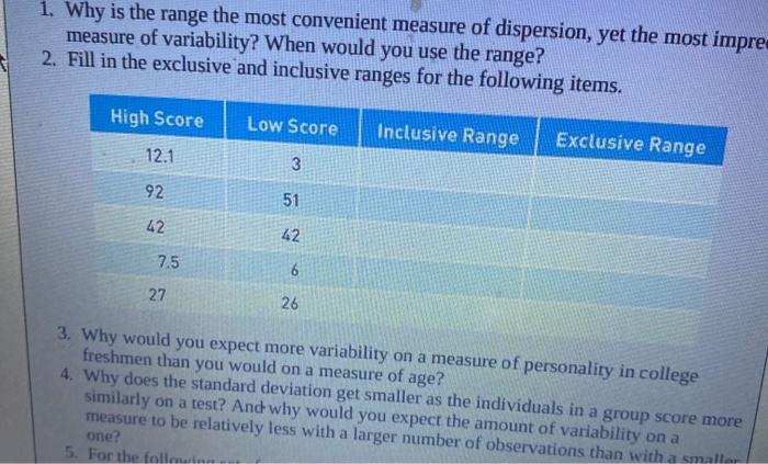 you use the range? 2. Fill in the exclusive and | Chegg.com